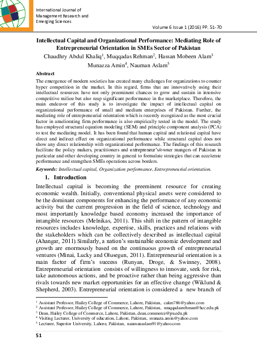 (PDF) Intellectual Capital and Organizational Performance: Mediating Role of Entrepreneurial ...