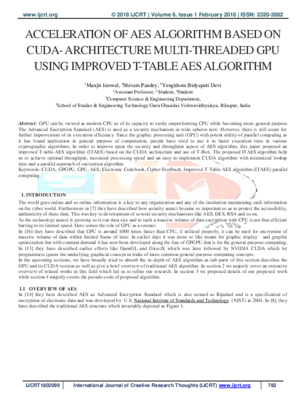 (PDF) Acceleration of Aes Algorithm Based on Cuda- Architecture Multi-Threaded Gpu Using ...
