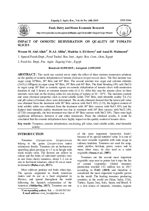 (PDF) Impact of Osmotic Dehydration on Quality of Tomato Slices