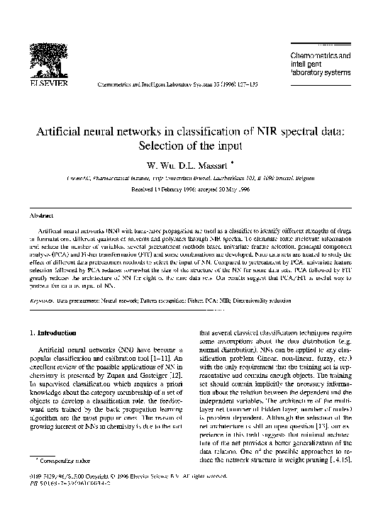 Pdf Artificial Neural Networks In Classification Of Nir Spectral Data Selection Of The Input