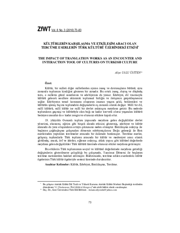 (PDF) Kültürlerin Karşılaşma ve Etkileşim Aracı Olan Tercüme Eserlerin ...