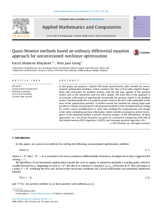 Pdf Quasi Newton Methods Based On Ordinary Differential Equation Approach For Unconstrained