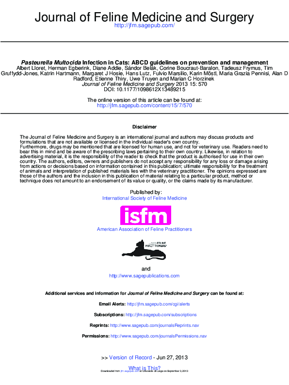 Pdf Pasteurella Multocida Infection In Cats