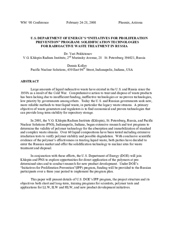 (PDF) U.S. Department of Energy’s “Initiatives for Proliferation ...