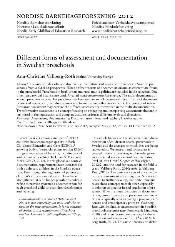 (PDF) Different forms of assessment and documentation in Swedish preschools
