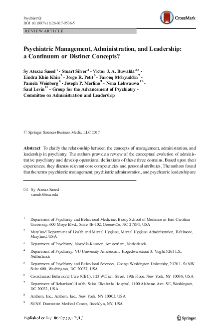 (PDF) Psychiatric Management, Administration, and Leadership: a ...