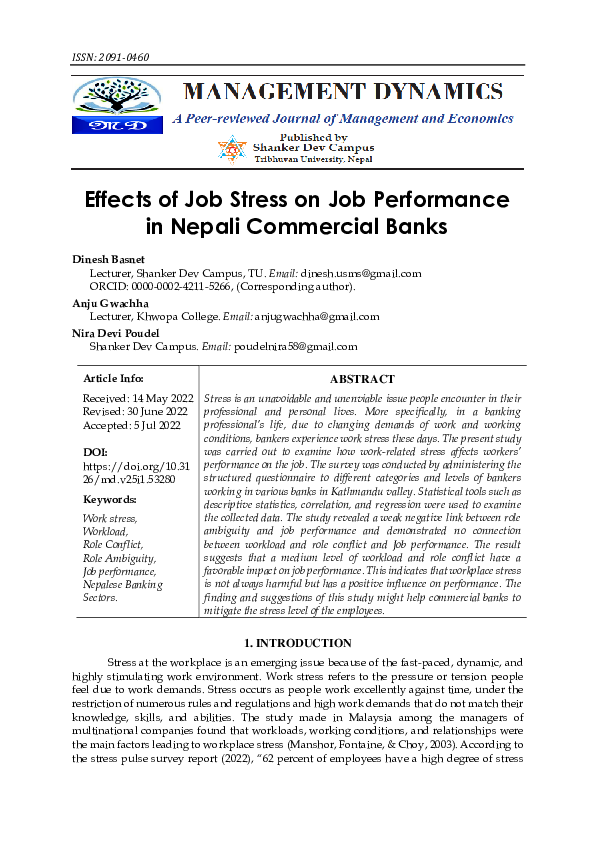 (PDF) Job Stress Impact on Performance in Nepal Banks