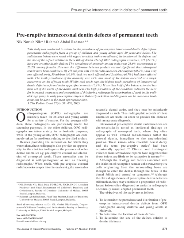 (PDF) Pre-eruptive intracoronal dentin defects of permanent teeth