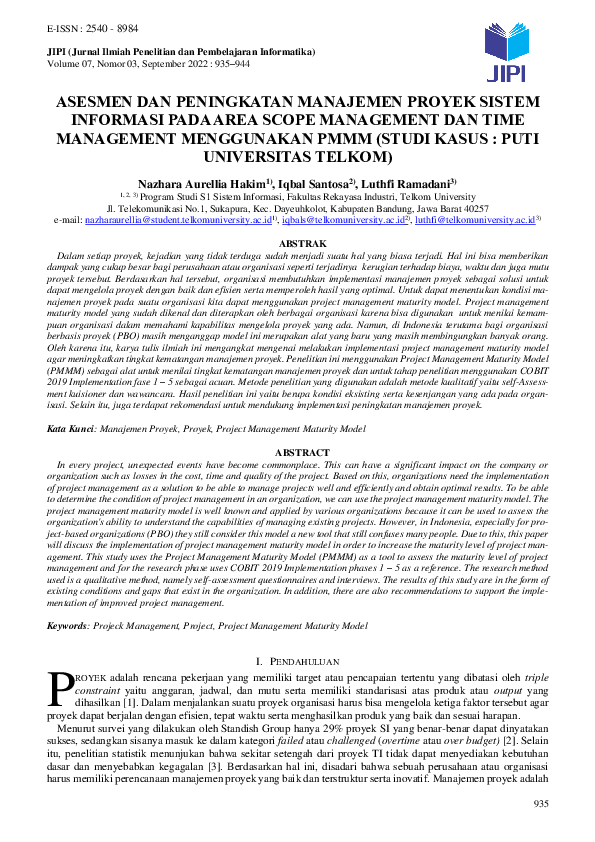 (PDF) Asesmen Dan Peningkatan Manajemen Proyek Sistem Informasi Pada ...