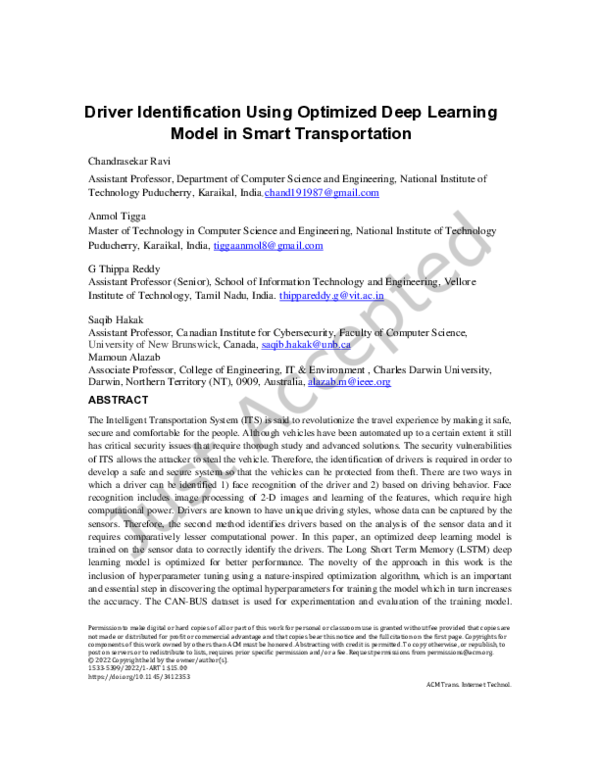 (PDF) Driver Identification Using Optimized Deep Learning Model in Smart Transportation