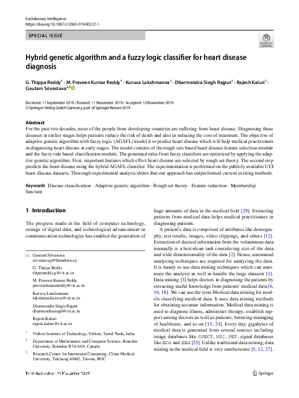 (PDF) Hybrid genetic algorithm and a fuzzy logic classifier for heart disease diagnosis