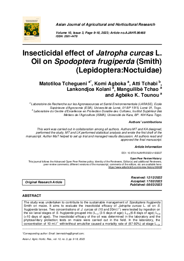 Pdf Insecticidal Effect Of Jatropha Curcas L Oil On Spodoptera