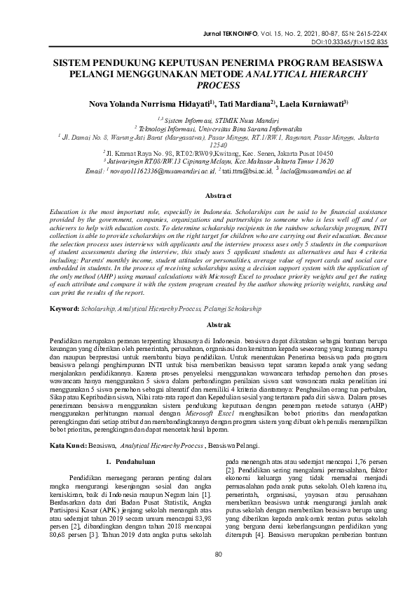 (PDF) Sistem Pendukung Keputusan Penerima Program Beasiswa Pelangi Menggunakan Metode Analytical ...