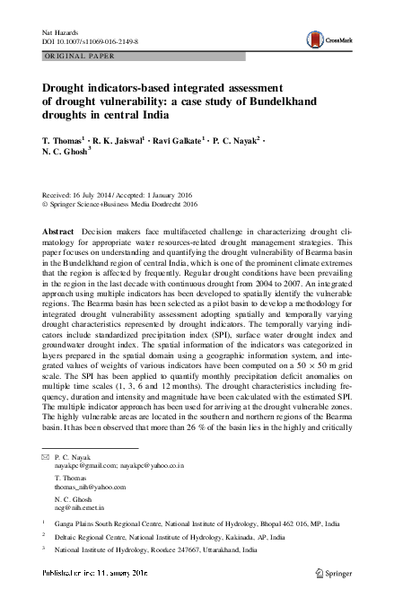 (PDF) Drought indicators-based integrated assessment of drought vulnerability: a case study of ...