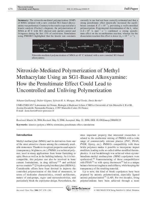 (PDF) Nitroxide-Mediated Polymerization of Methyl Methacrylate Using an SG1-Based Alkoxyamine ...