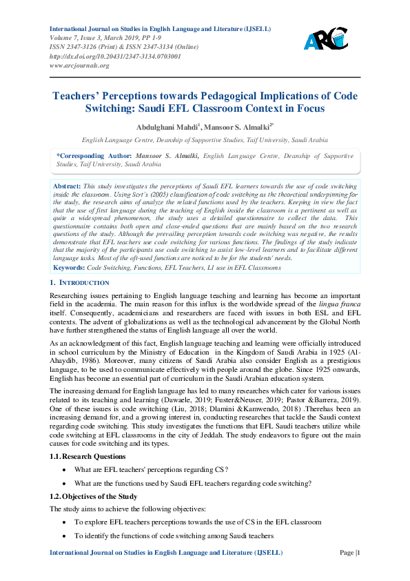 (PDF) Teachers’ Perceptions towards Pedagogical Implications of Code Switching: Saudi EFL ...