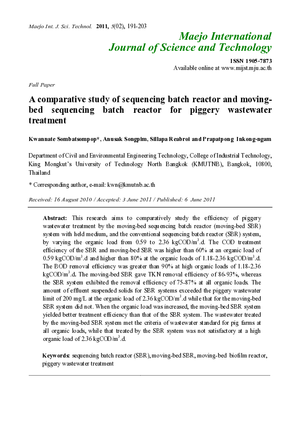 (PDF) A comparative study of sequencing batch reactor and moving- bed sequencing batch reactor ...