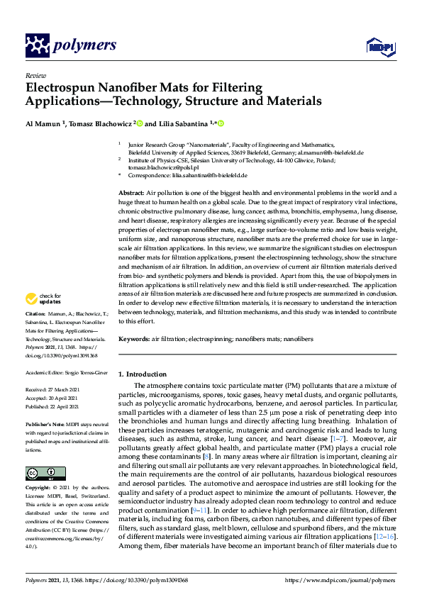 (PDF) Electrospun Nanofiber Mats for Filtering Applications—Technology ...