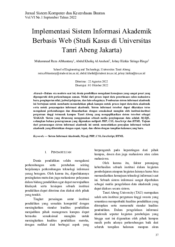 (PDF) Implementasi Sistem Informasi Akademik Berbasis Web (Studi Kasus di Universitas Tanri ...