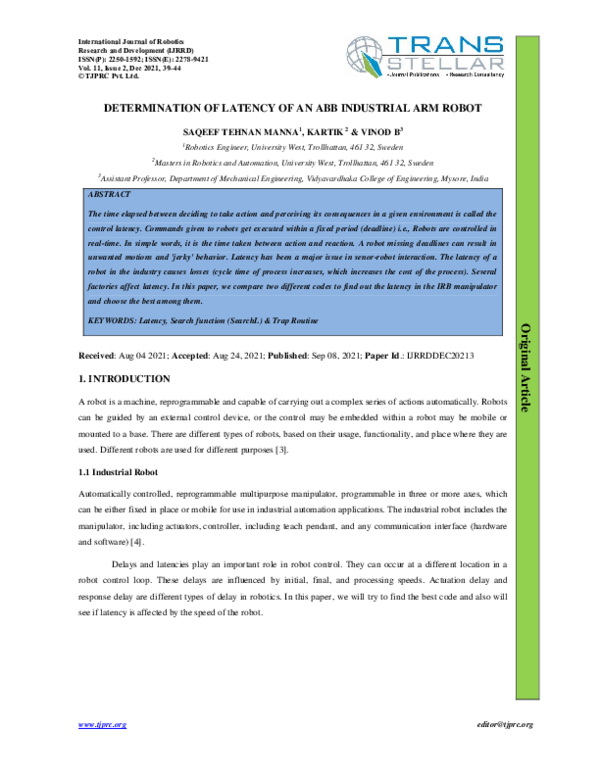 (PDF) Determination of Latency of An Abb Industrial Arm Robot