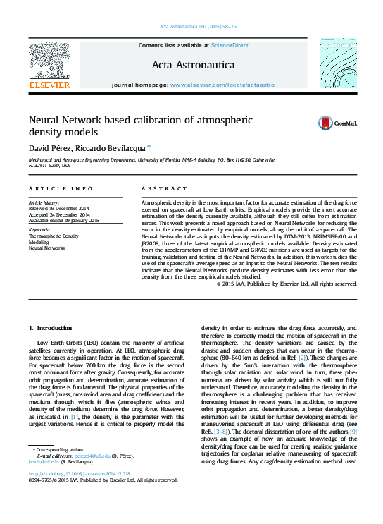 (PDF) Neural Network based calibration of atmospheric density models