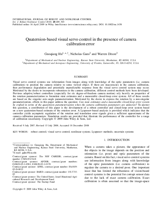 (PDF) Quaternion-based visual servo control in the presence of camera calibration error