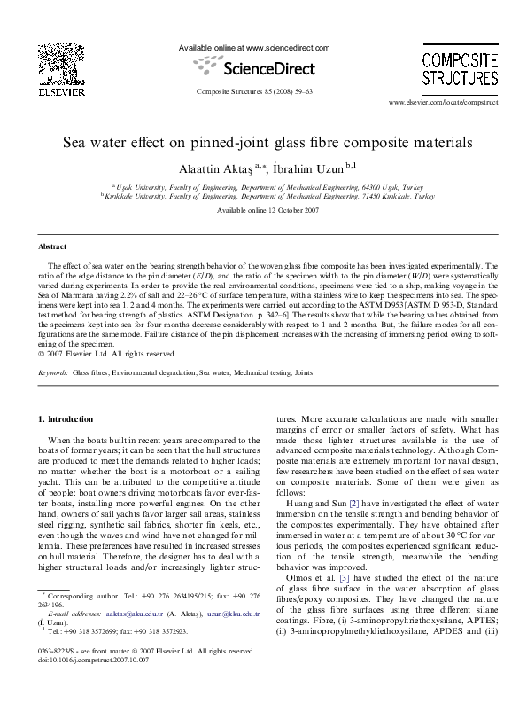 (PDF) Sea water effect on pinned-joint glass fibre composite materials