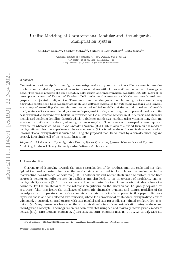 Pdf Unified Modeling Of Unconventional Modular And Reconfigurable Manipulation System Ekta