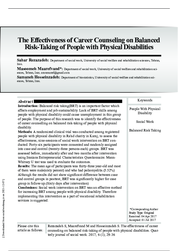 (PDF) The Effectiveness of Career Counseling on Balanced Risk-Taking of ...