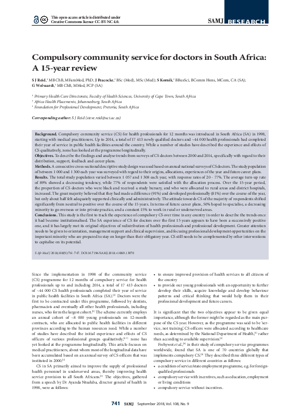 (PDF) Compulsory community service for doctors in South Africa: A 15 ...