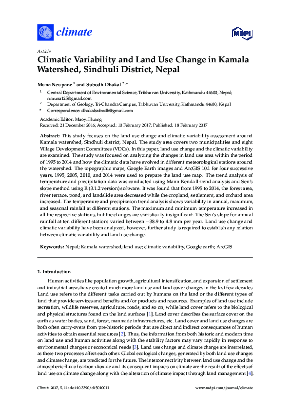 (PDF) Climatic Variability and Land Use Change in Kamala Watershed ...