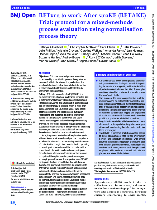 (PDF) RETurn to work After stroKE (RETAKE) Trial: protocol for a mixed-methods process ...
