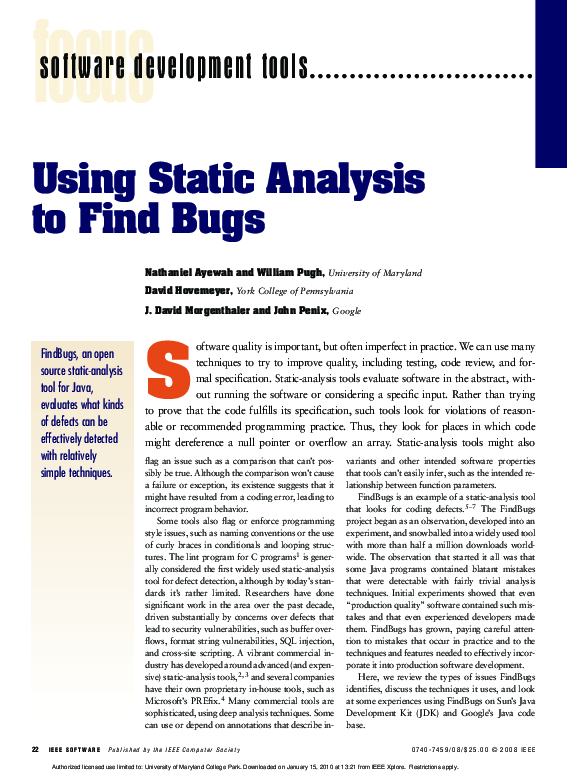 (PDF) Using Static Analysis to Find Bugs