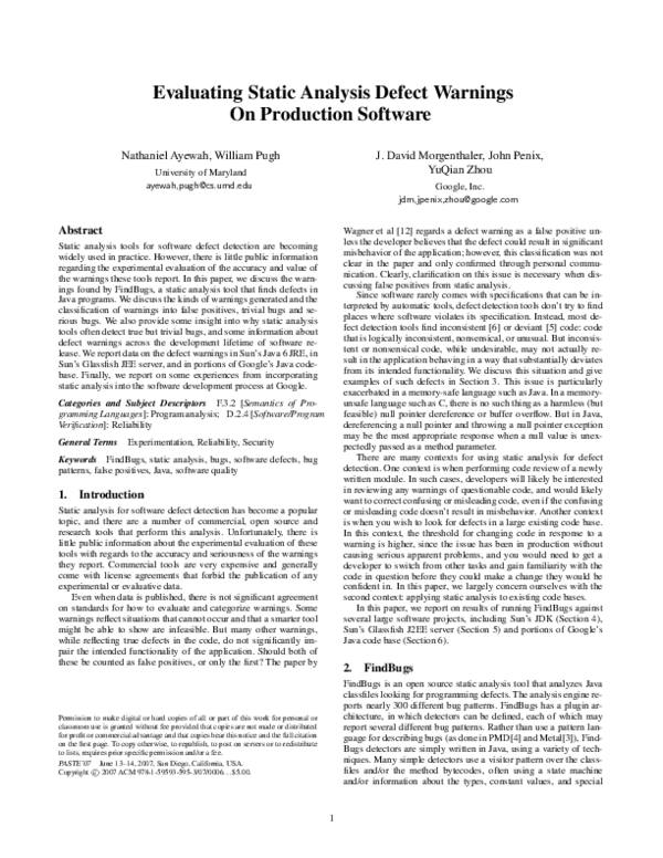 Pdf Evaluating Static Analysis Defect Warnings On Production Software