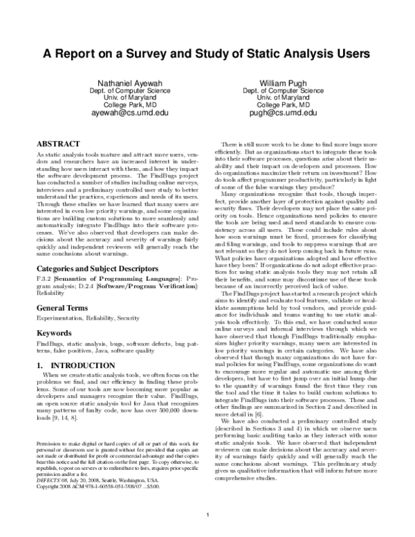 (PDF) A report on a survey and study of static analysis users