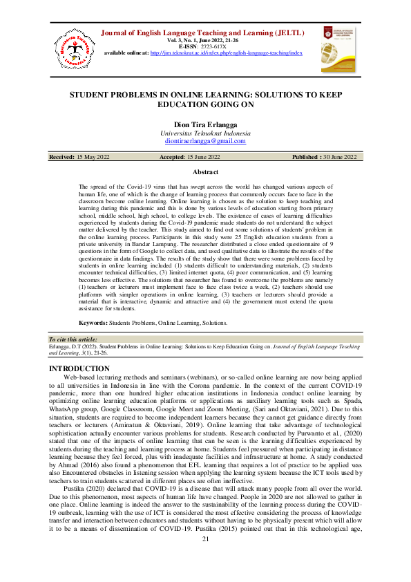 (PDF) Student Problems in Online Learning: Solutions to Keep Education Going on