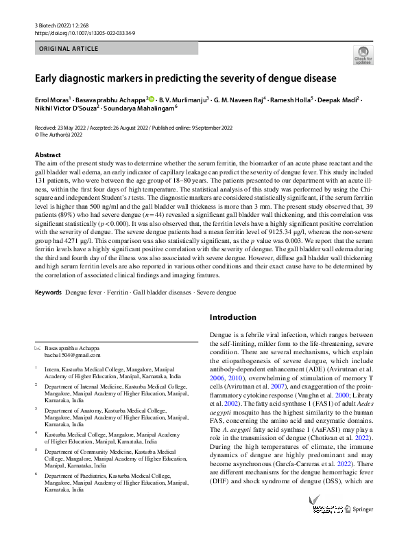 (PDF) Early diagnostic markers in predicting the severity of dengue disease