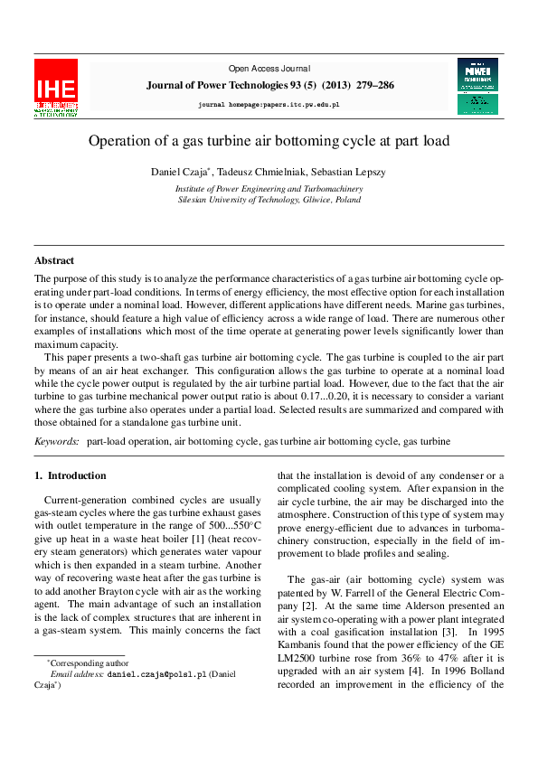 (PDF) Operation of a gas turbine air bottoming cycle at part load