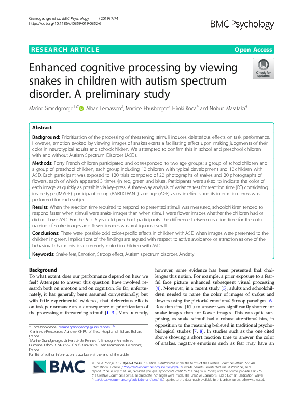 (PDF) Enhanced cognitive processing by viewing snakes in children with ...