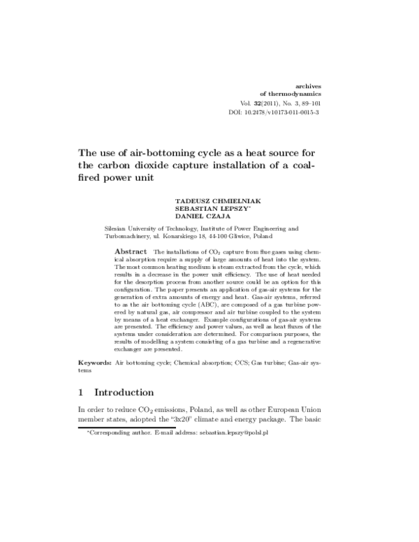 (PDF) The use of air-bottoming cycle as a heat source for the carbon ...