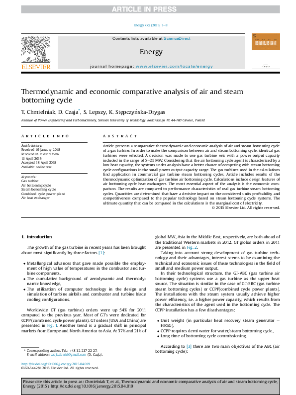 (PDF) Thermodynamic and economic comparative analysis of air and steam bottoming cycle