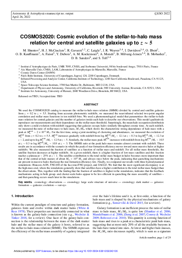 (PDF) COSMOS2020: Cosmic evolution of the stellar-to-halo mass relation ...