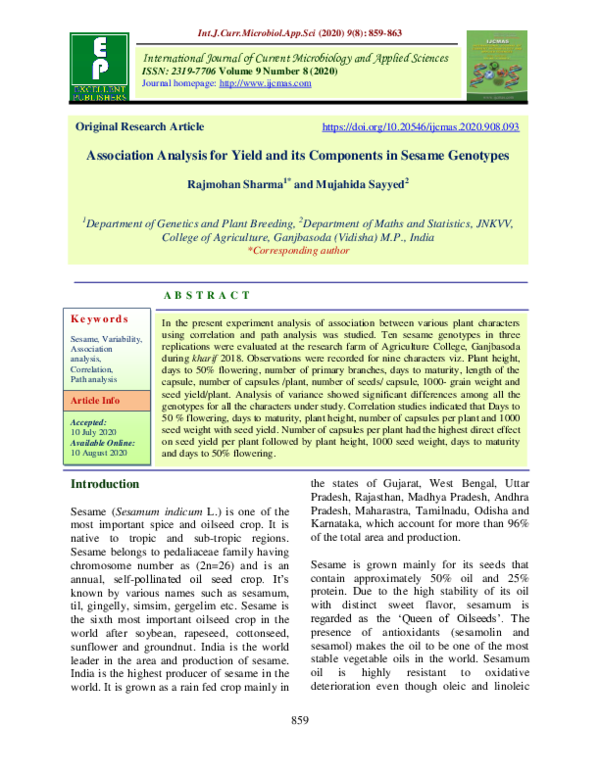 Pdf Association Analysis For Yield And Its Components In Sesame Genotypes