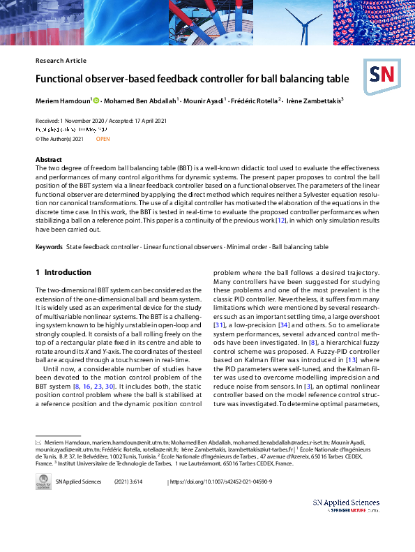 (PDF) Functional observer-based feedback controller for ball balancing table