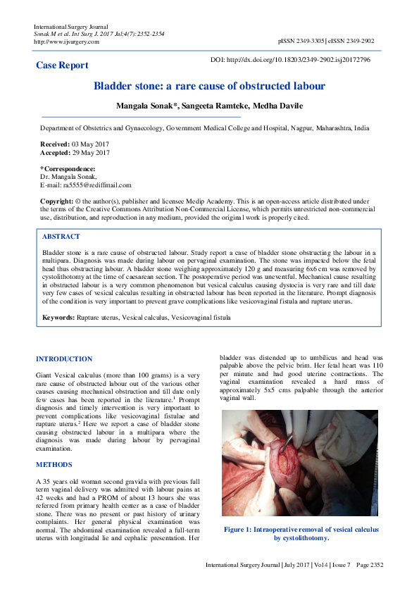 (PDF) Bladder stone: a rare cause of obstructed labour