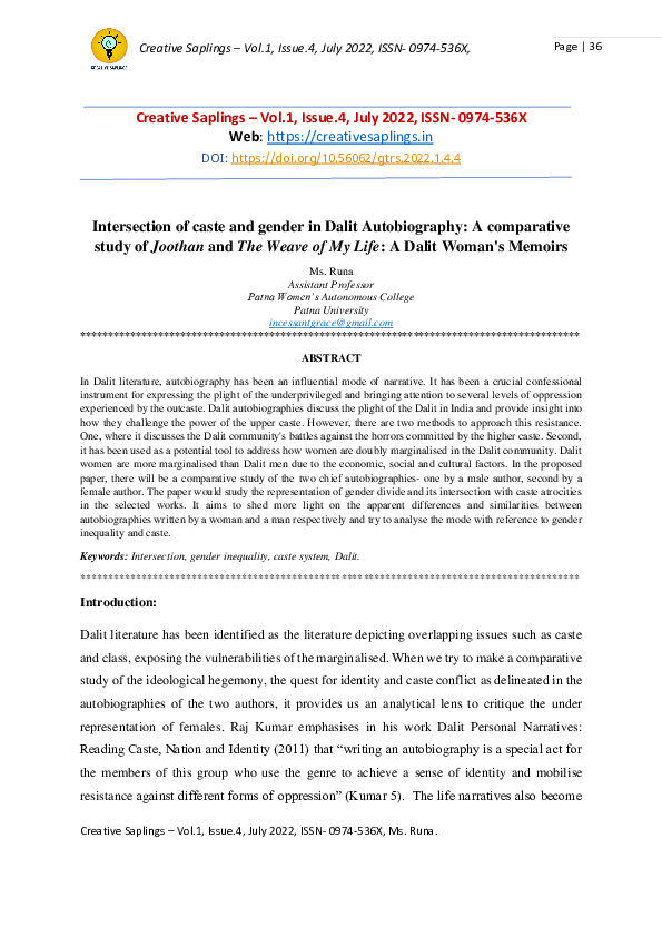 (PDF) Intersection of caste and gender in Dalit Autobiography: A ...