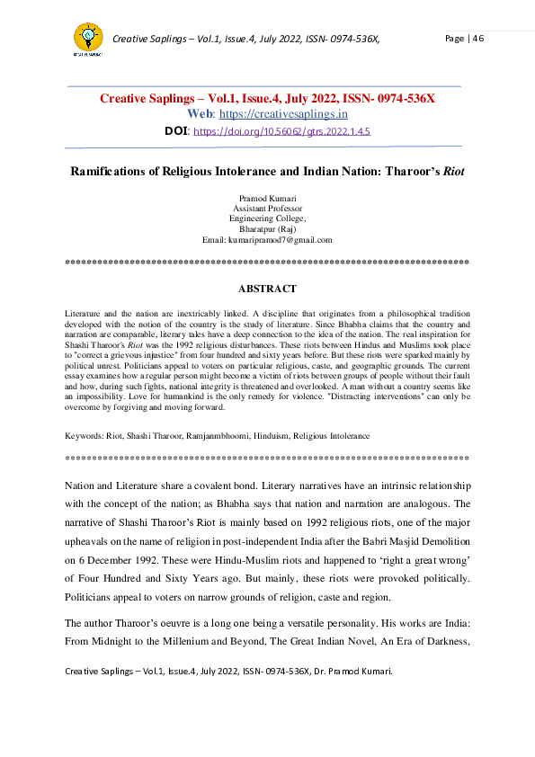 (PDF) Ramifications of Religious Intolerance and Indian Nation: Tharoor ...