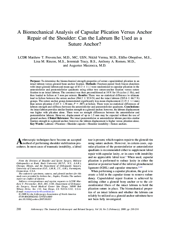 (PDF) A Biomechanical Analysis of Capsular Plication Versus Anchor ...