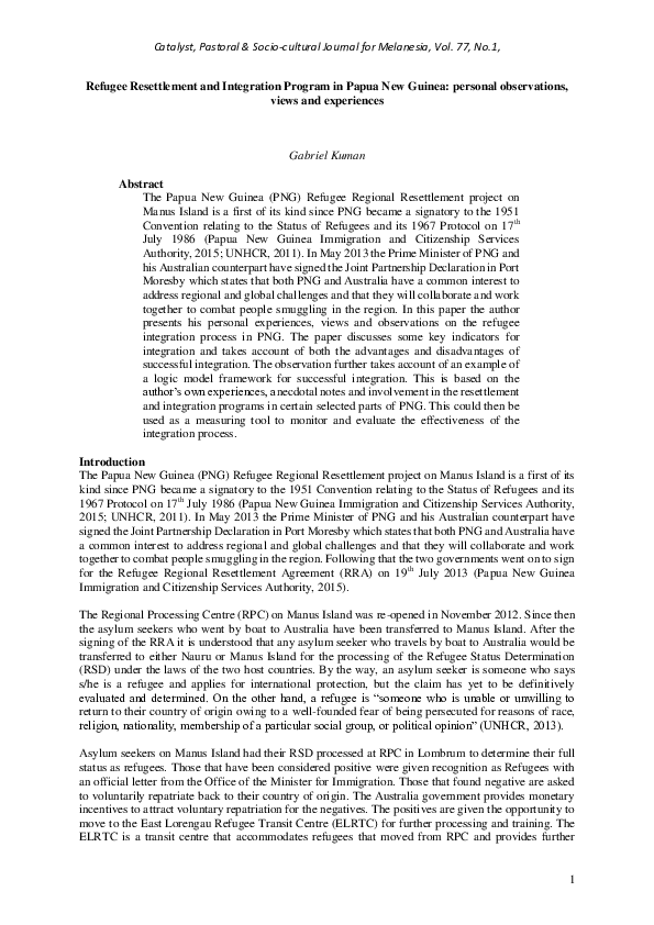 (PDF) Refugee Resettlement and Integration Program in Papua New Guinea ...