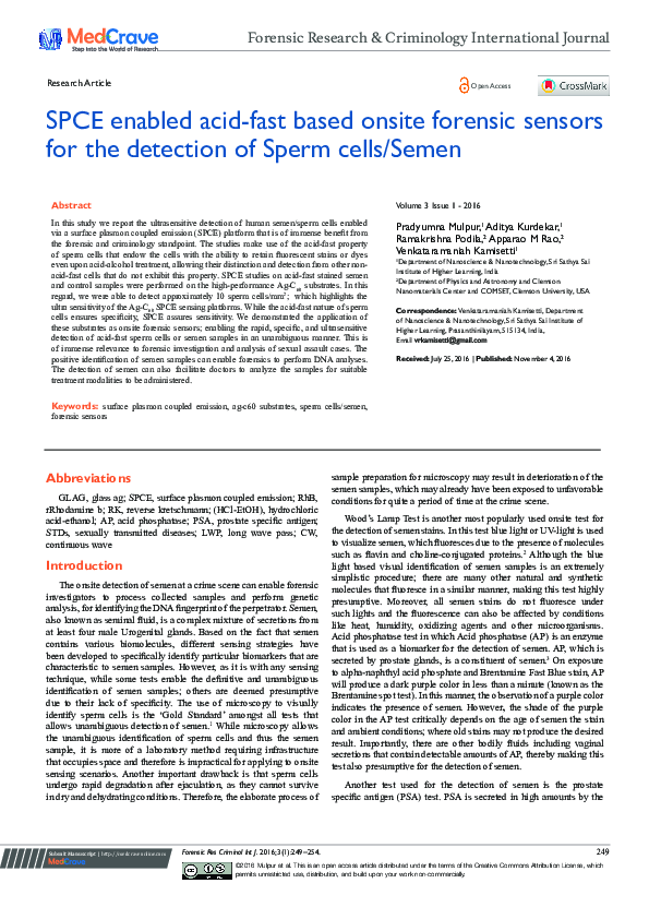 (PDF) SPCE Enabled Acid-Fast Based Onsite Forensic Sensors for the Detection of Sperm Cells/Semen